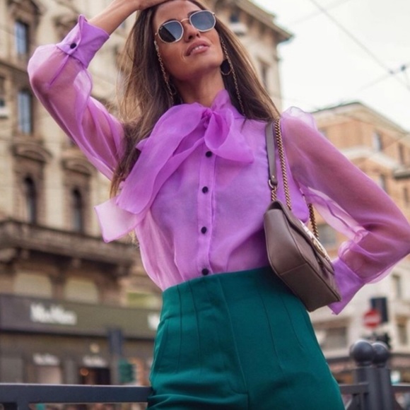 Zara | Tops | Zara Semisheer Organza Blouse Top W Bow Tie Puff Sleeve ...